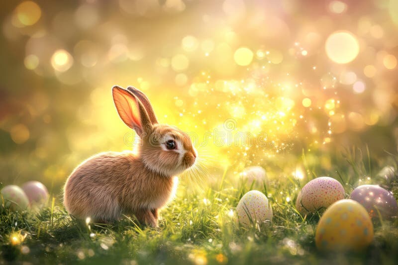 A Mystical Easter Bunny Hopping through a Glowing Field of Easter Eggs ...