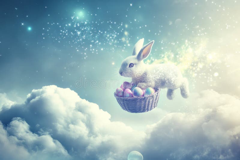 A Mystical Easter Bunny with Sparkling Fur, Floating through the Clouds with a Basket of Magical ...