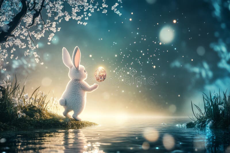 Mystical Easter Bunny Standing Edge Glowing Lake Tossing Shimmering Egg ...