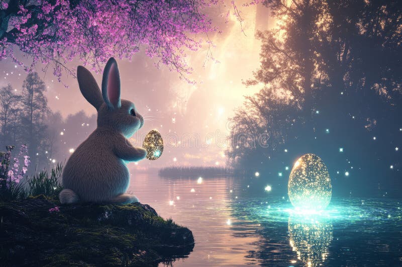 A Mystical Easter Bunny Standing on the Edge of a Glowing Lake, Tossing ...