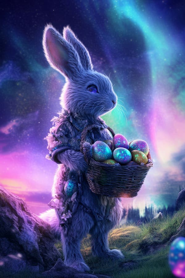 A Mystical Easter Bunny Standing Under the Northern Lights, Holding a ...