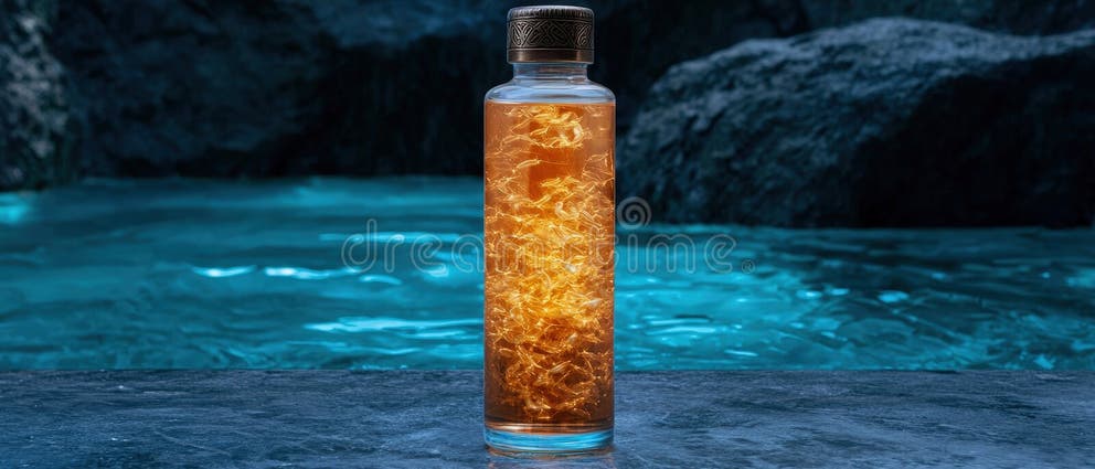 Mystical Elixir in Glass Bottle with Golden Liquid. Stock Illustration ...