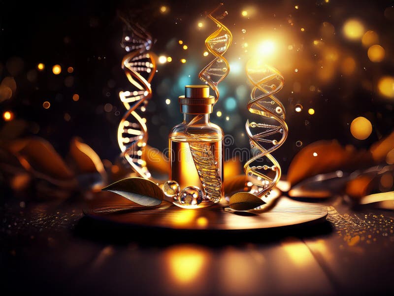 A Mystical Elixir Rests on a Dark Surface, Encircled by Glowing DNA ...