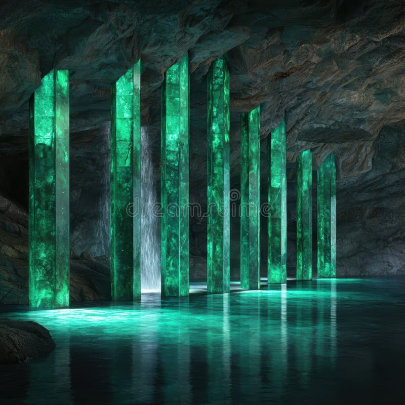 Mystical Emerald Cave with Glowing Columns Stock Illustration ...