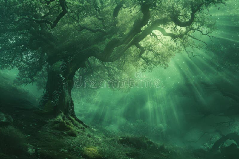 Mystical Emerald Forest Canopy. Deep Green Forest Canopy with Light Piercing through the Mist ...