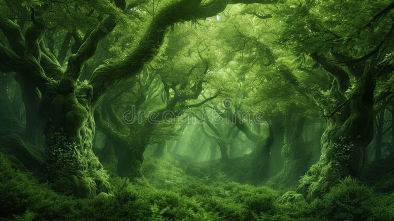 Mystical Emerald Forest Canopy. Deep Green Forest Canopy with Light Piercing through the Mist ...