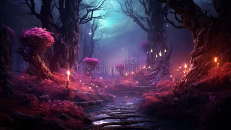 Mystical Enchanted Forest Painting Stock Illustration - Illustration of ...