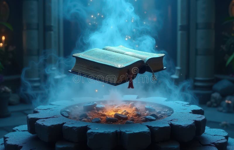 A Mystical Scene of an Ancient Book Floating Above a Glowing Fire Pit ...
