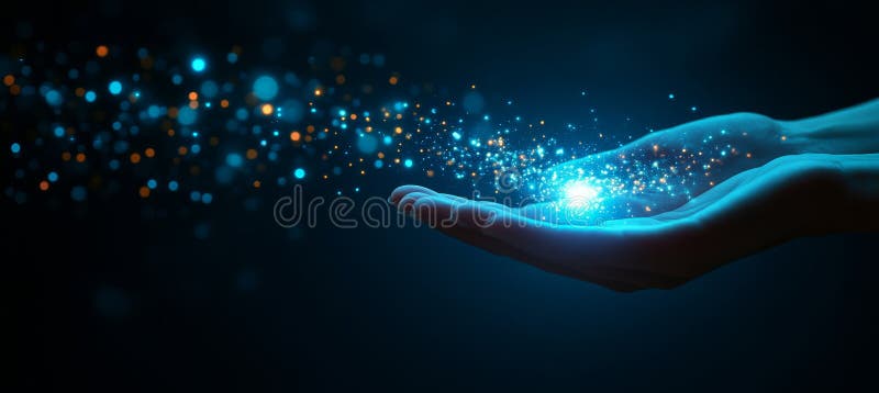 Mystical Energy. Magic Particles in Hands, Sparkling Light Trail, Dark ...