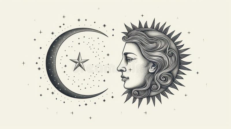 Mystical and Esoteric Design Featuring the Sun and Crescent Moon with ...