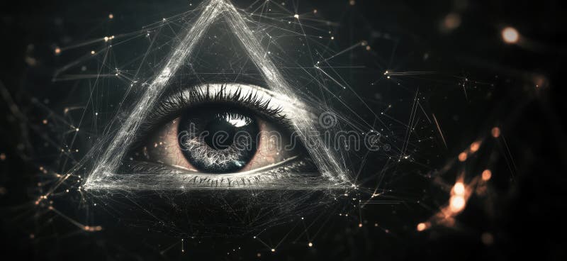 Mystical Eye within Geometric Triangle, Surrounded by Digital ...
