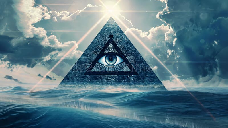 Mystical Eye within the Pyramid Hovering Over Ocean Waves, Surreal and ...