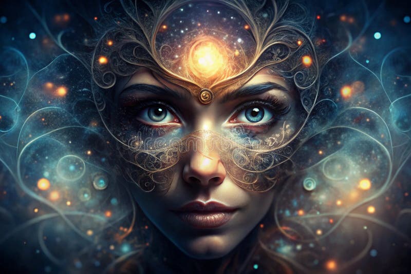 Mystical Face Surrounded by Abstract Cosmic Elements and Golden Spirals ...