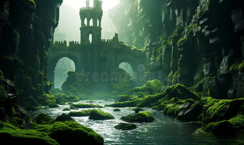 Mystical Fantasy Landscape with Ancient Ruins on Mossy Cliffs a Magical ...