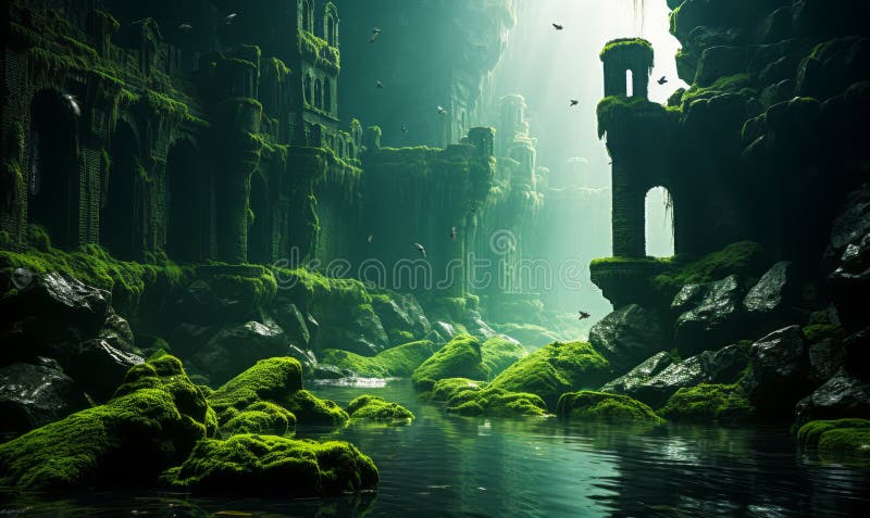Mystical Fantasy Landscape with Ancient Ruins on Mossy Cliffs a Magical ...