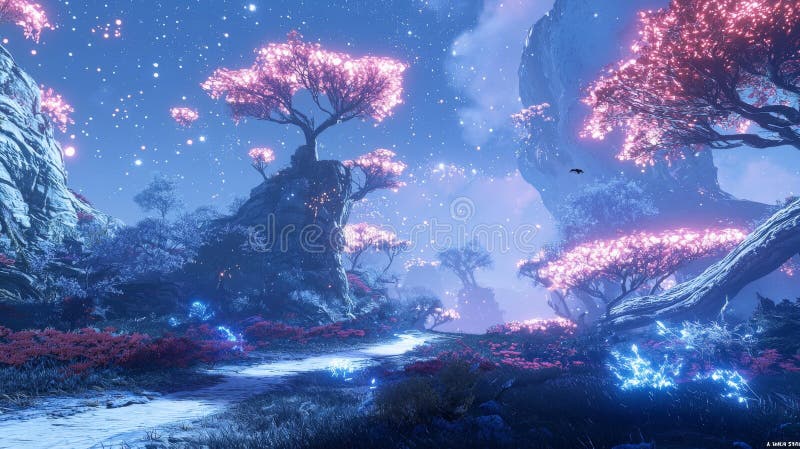 A Mystical Fantasy Lscape with Glowing Trees Floating Lights Stock ...