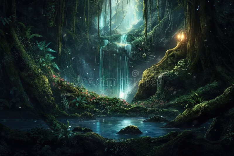 A Mystical Fantasy Waterfall Hidden Deep in Magic Illustration. Ai ...