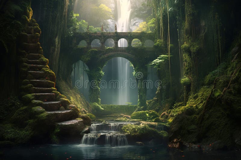 A Mystical Fantasy Waterfall Hidden Deep in Magic Illustration. Ai ...