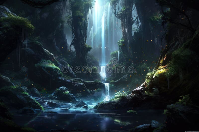 A Mystical Fantasy Waterfall Hidden Deep in Magic Illustration. Ai ...