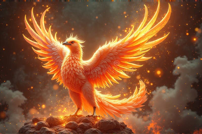 Mystical Fiery Phoenix Spreading Wings Amidst Smoke and Ash in a ...