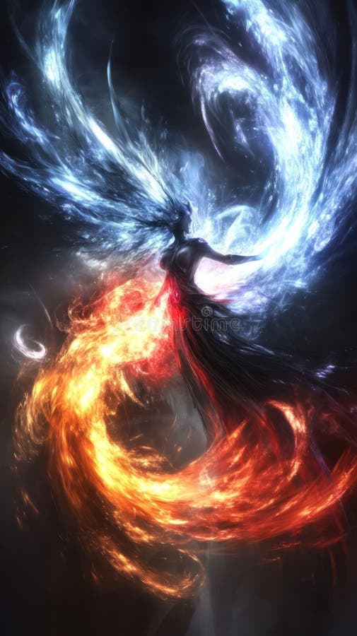 A Mystical Figure Embodies Fire and Ice, Swirling in a Dance of ...