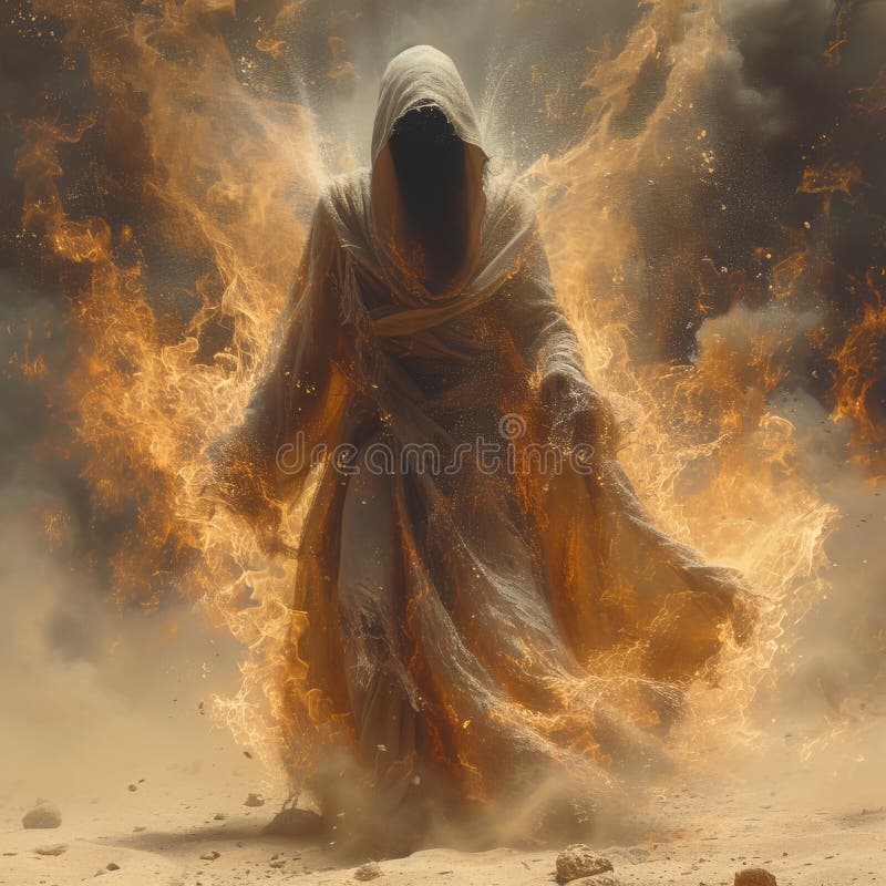 Mystical Figure Enveloped in Flames in Desert Stock Illustration ...