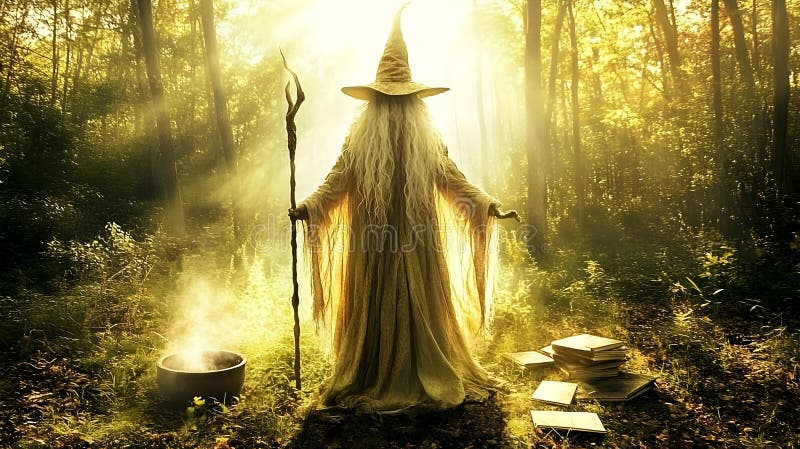 A Mystical Figure in a Forest, Casting Spells with Books and a Cauldron ...