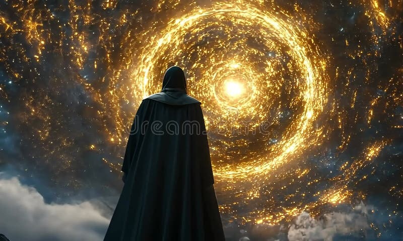 Mystical Figure Gazes at a Golden Celestial Vortex Stock Footage ...