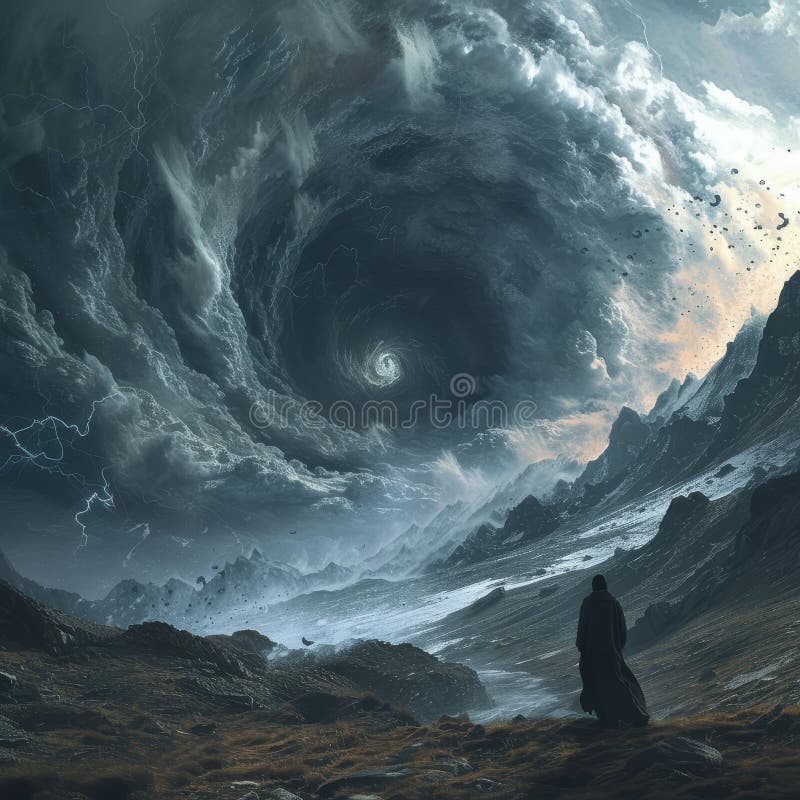 Mystical Figure Observing a Massive Storm Vortex Stock Illustration ...