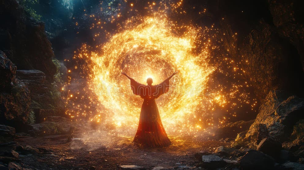 Mystical Figure Summoning Fire Energy in a Magical Setting Stock ...