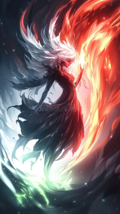 A Mystical Figure Wielding Elemental Powers of Fire and Ice in a ...