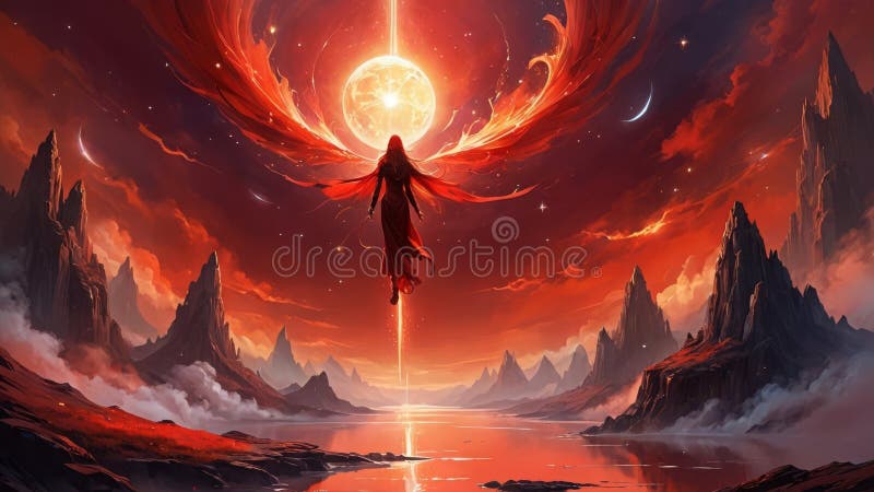 A Mystical Figure with Wings Rising Amidst a Fiery Landscape and ...