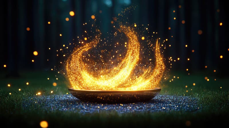 Mystical Fire Bowl in Forest with Glowing Sparks and Enchanting ...