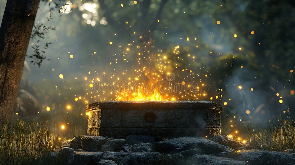 Mystical Fire Burning Atop Ancient Stone Altar in Forest Stock Image ...