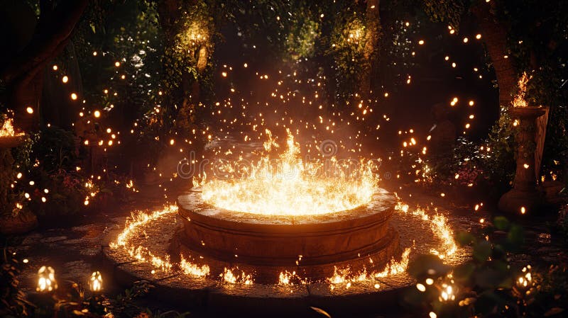 Mystical Fire Burning in a Stone Basin Surrounded by Glowing Plants and ...