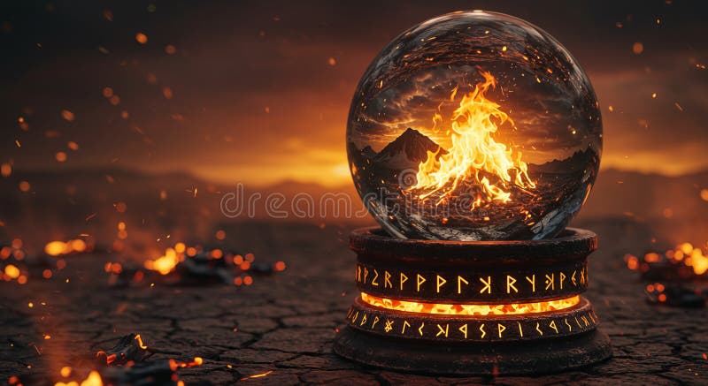 Mystical Fire in Crystal Sphere with Ancient Runes on Volcanic ...
