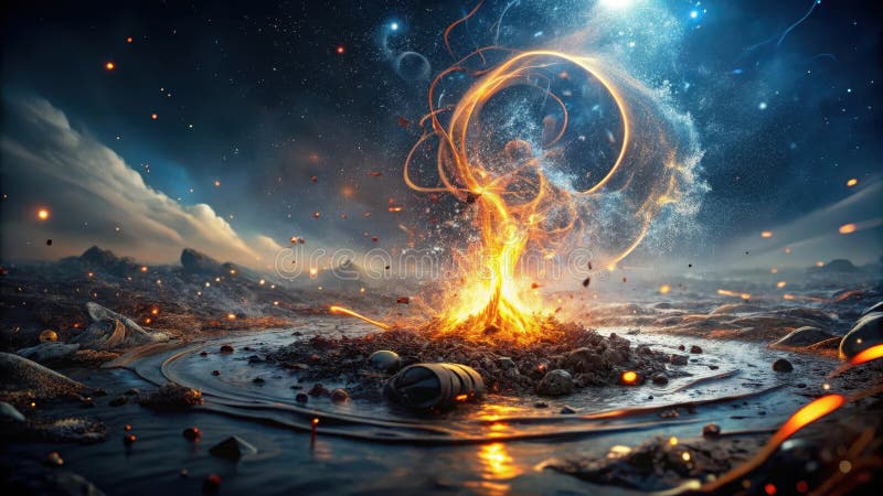 Mystical Fire Vortex Emerging from a Dark Landscape, Celestial Embers ...