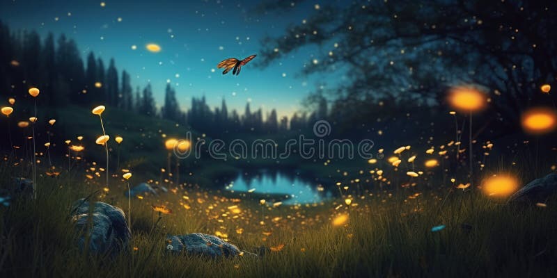 Mystical Firefly Landscape Abstract Illumination in the Night Sky ...