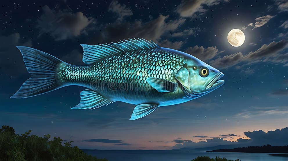 Mystical Fish Soaring Under a Full Moon Stock Illustration ...