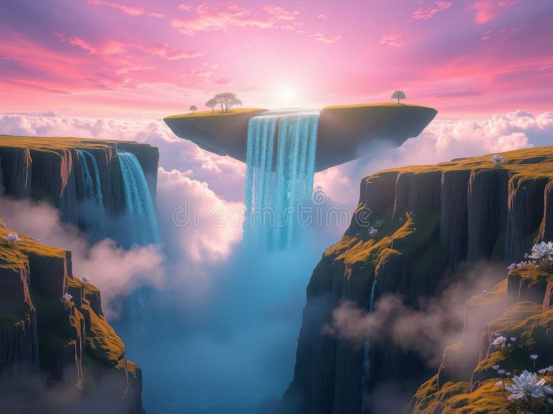 Mystical Float Island with Waterfall on the Cloud and Peak of Mountain ...