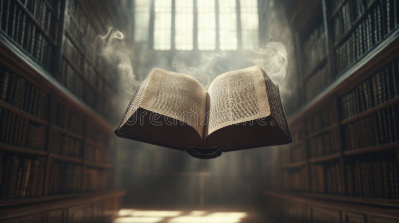 Mystical Floating Ancient Book in Sunlit Library with Dusty Atmosphere ...