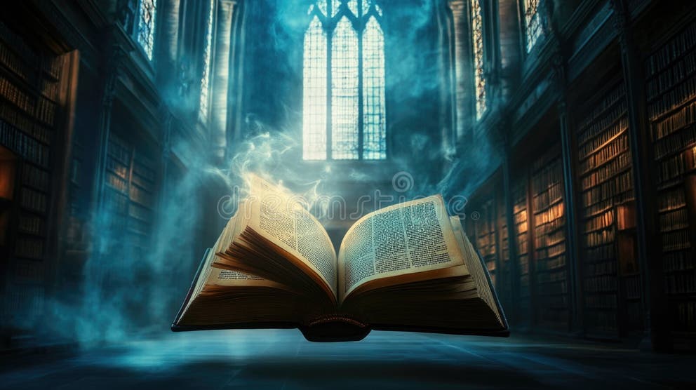 Mystical Floating Book in Enchanted Library with Glowing Blue Aura ...