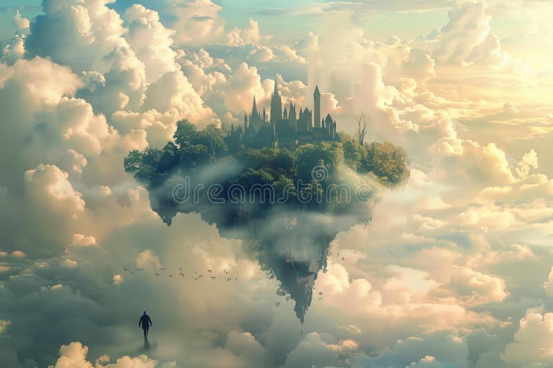 Mystical Floating Castle among Clouds Stock Illustration - Illustration ...