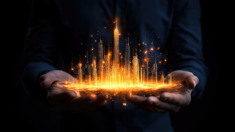 Mystical Floating City in Hands of Man with Glowing Lights Stock Image ...