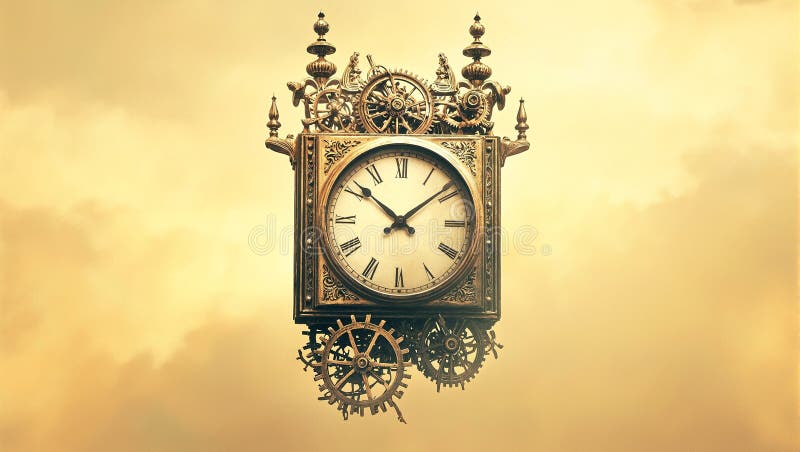 Mystical Floating Clock Tower in Golden Sky Stock Illustration ...