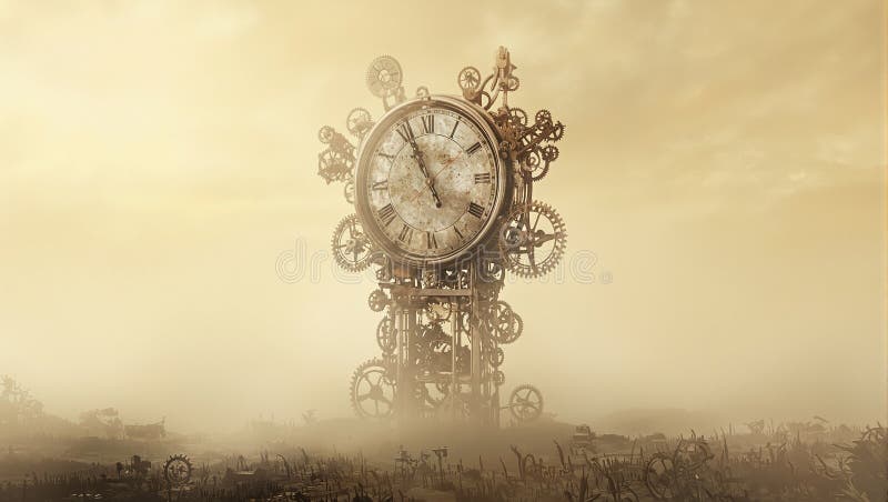 Mystical Floating Clock Tower in Golden Sky Stock Illustration ...