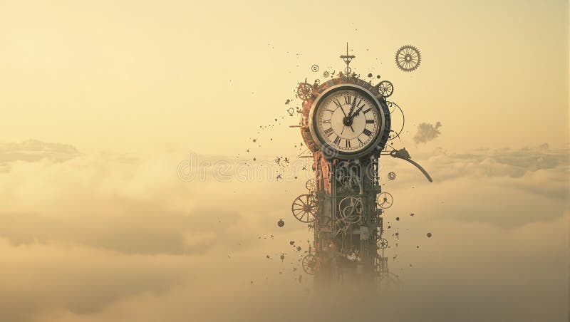 Mystical Floating Clock Tower in Golden Sky Stock Illustration ...