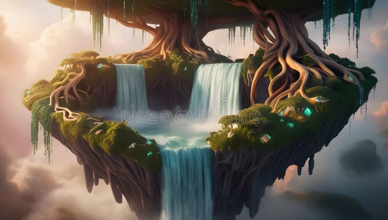 Mystical Floating Island with Cascading Waterfalls and Lush Greenery ...