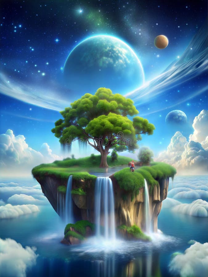 Mystical Floating Island with Waterfall and Tree in Space with Planets ...