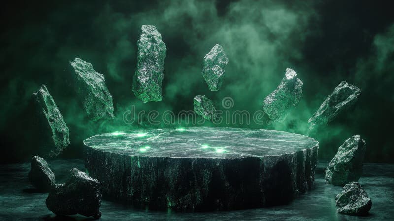 Mystical Floating Rocks Over Stone Platform with Green Mist in Fantasy ...